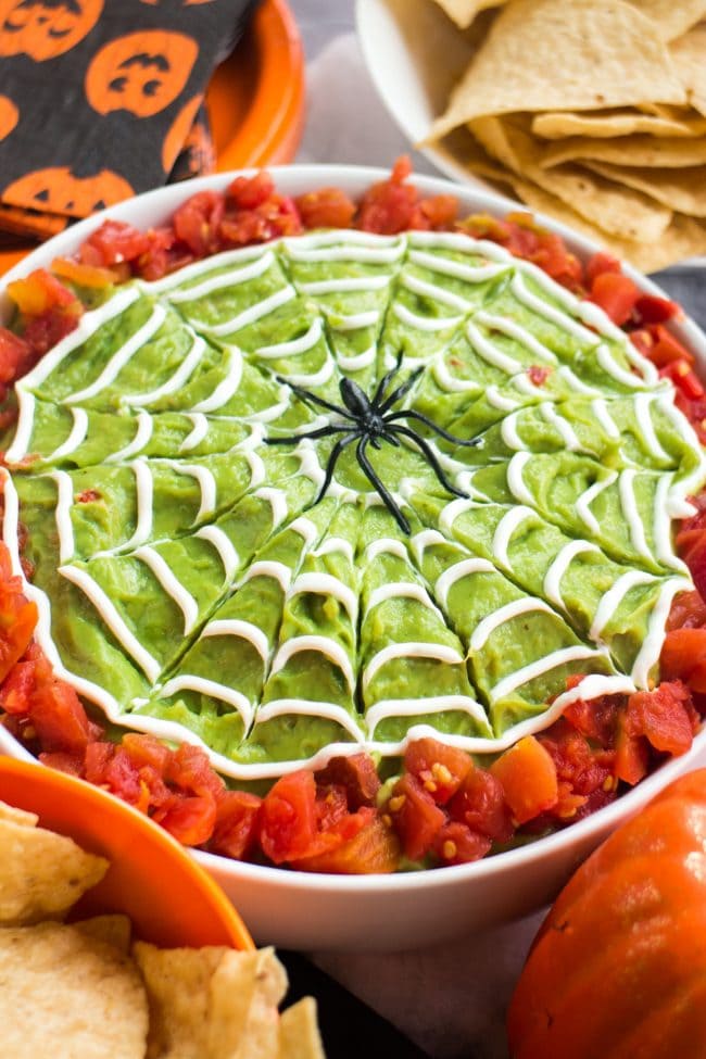 Halloween Guacamole with Sour Cream Spiderwebs - Brooklyn Farm Girl