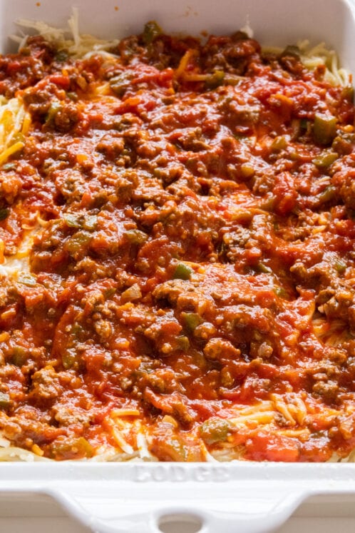 Baked Spaghetti Casserole with Ground Beef & Ricotta - Brooklyn Farm Girl