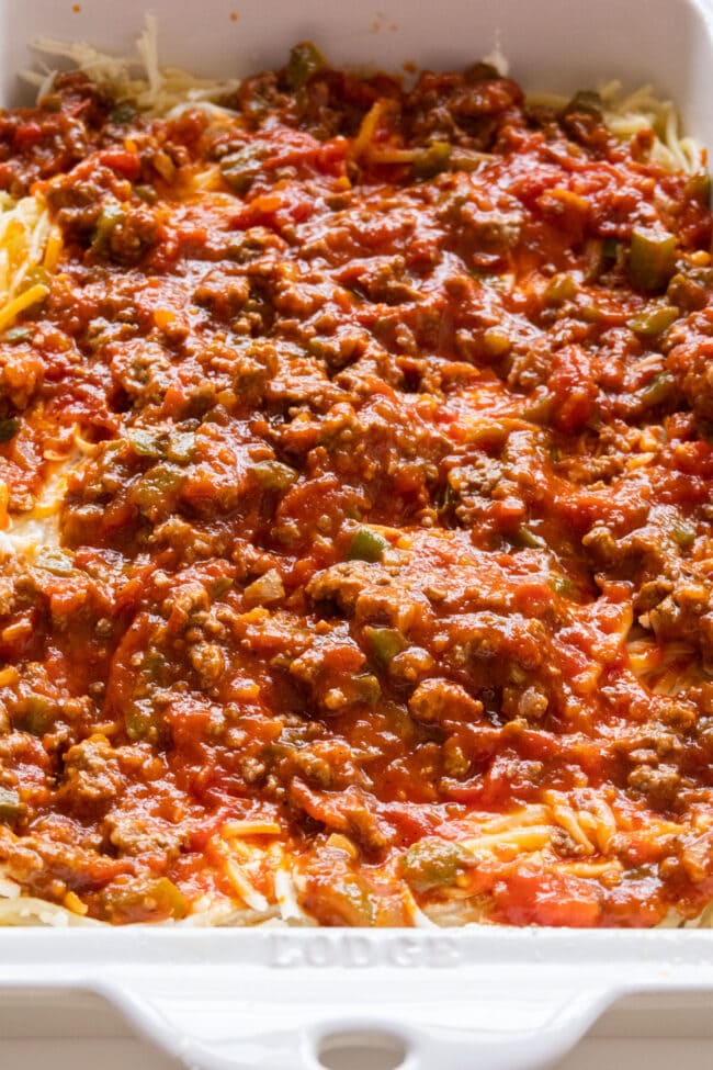 Baked Spaghetti Casserole with Ground Beef & Ricotta - Brooklyn Farm Girl