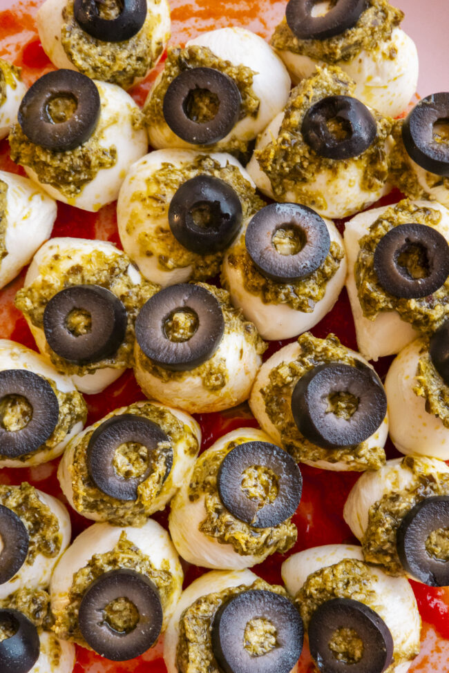 Mozzarella Eyeballs with Olives - Brooklyn Farm Girl